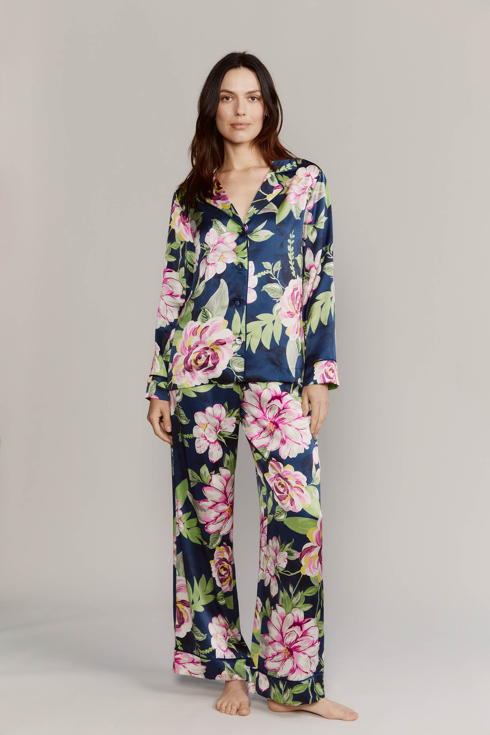 Colony Pink Peonies Silk Satin Pajamas